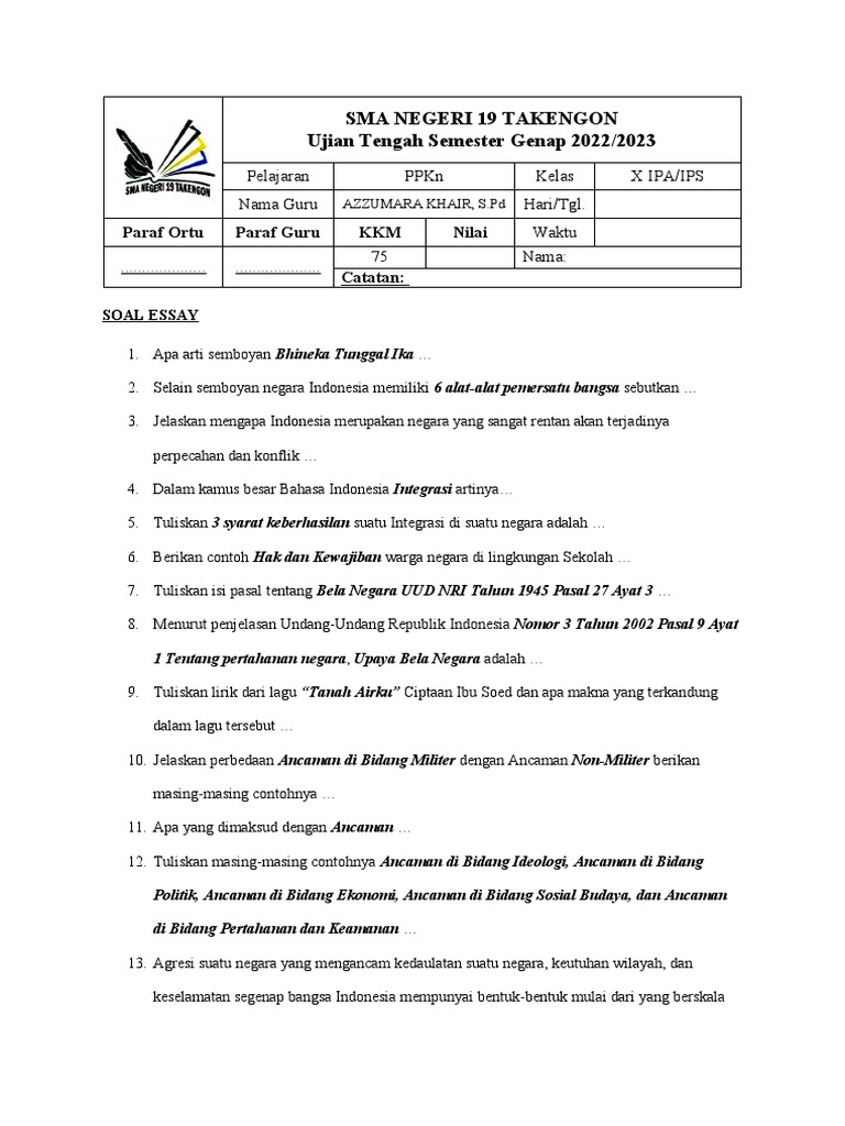 Soal Essay Uts KLS X 2023 | PDF
