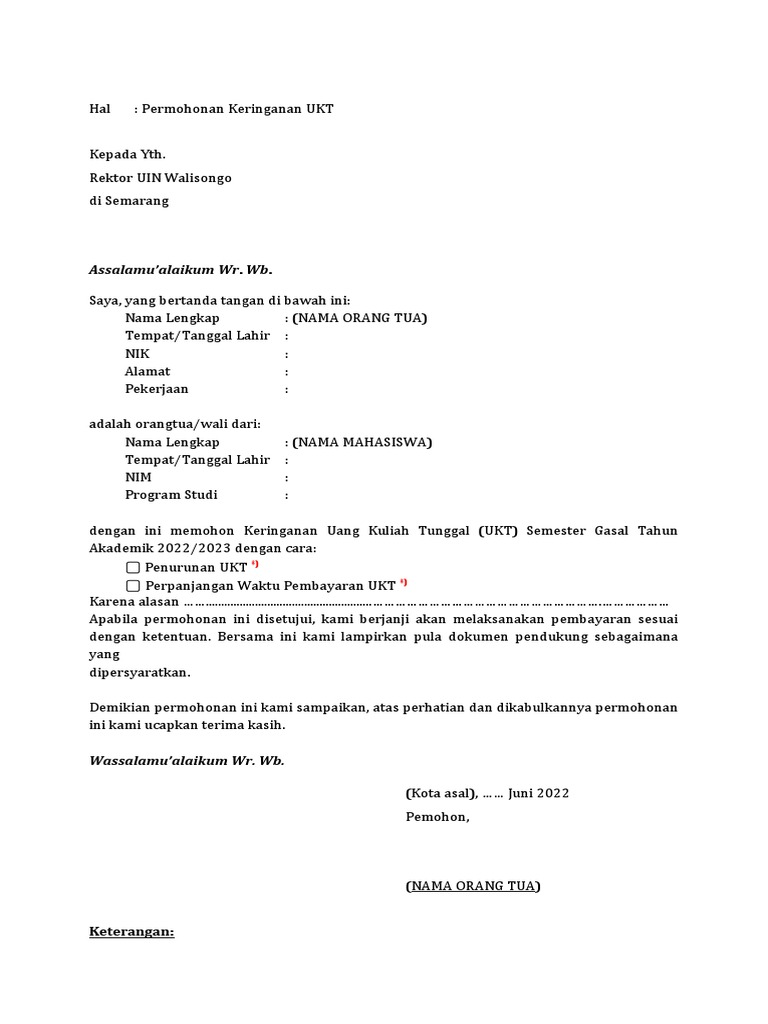 Template Surat Permohonan Keringanan UKT Covid 2022 | PDF