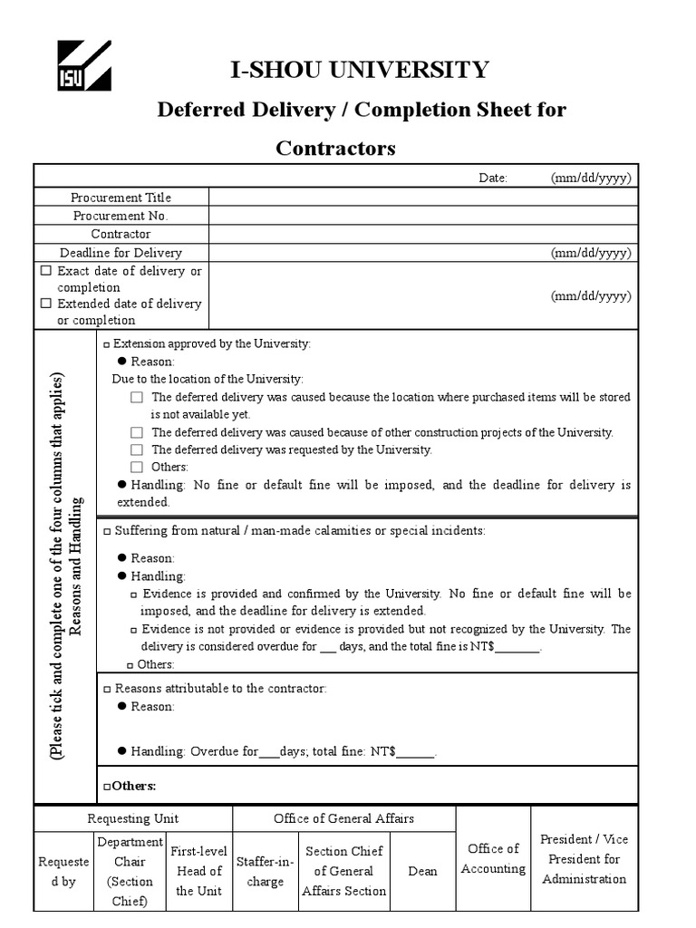 Deferred Delivery - Completion Sheet For Contractors (E) 1081224 | PDF