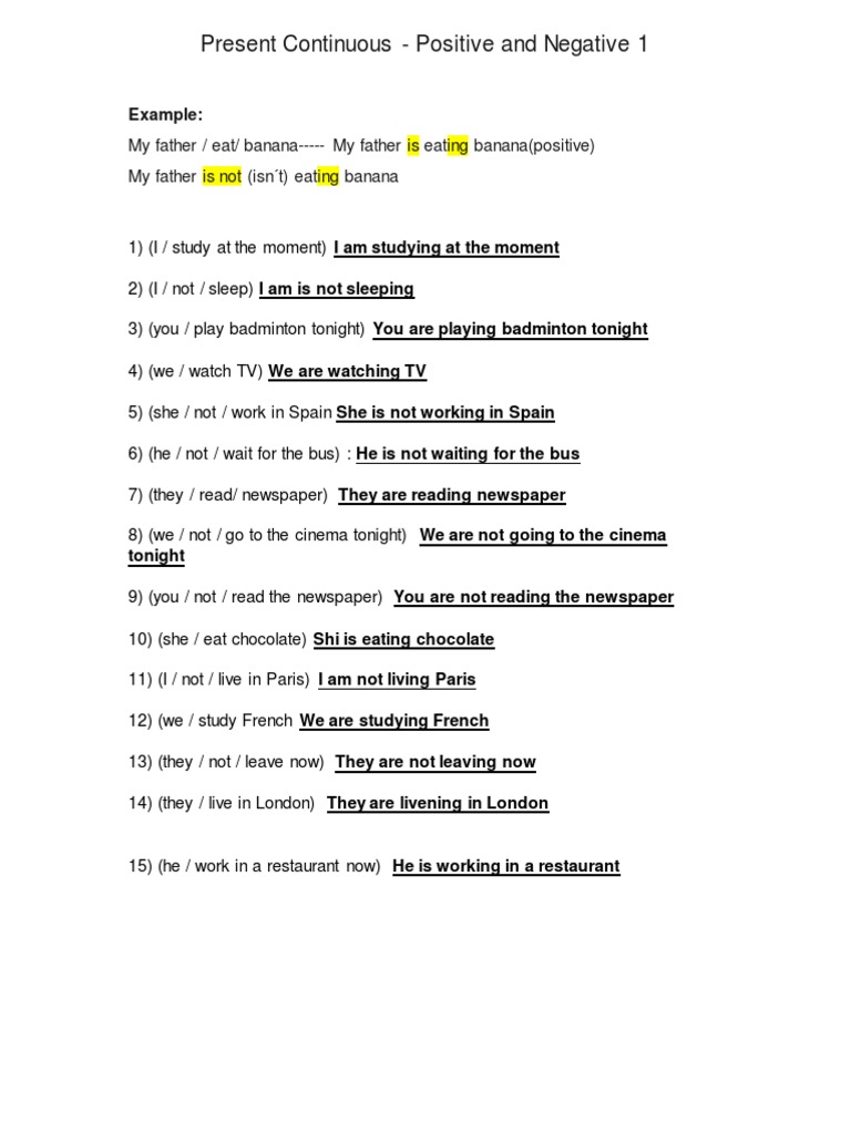 Present Continuous - Positive and Negative 1 | PDF