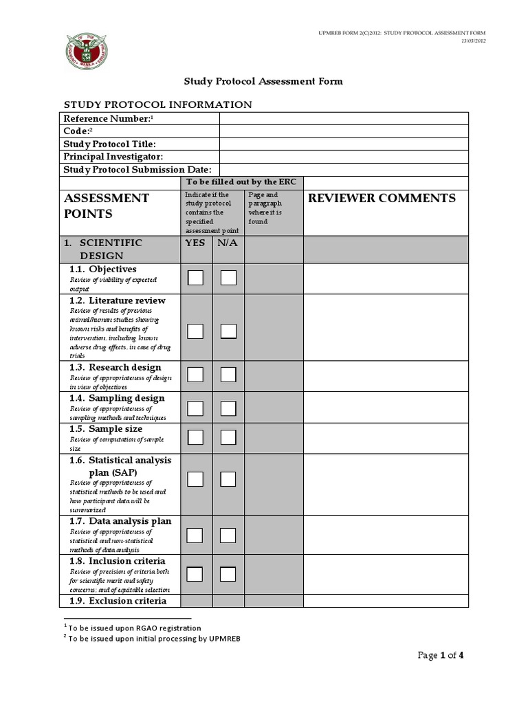 Study Protocol Assessment Form | PDF | Informed Consent | Risk