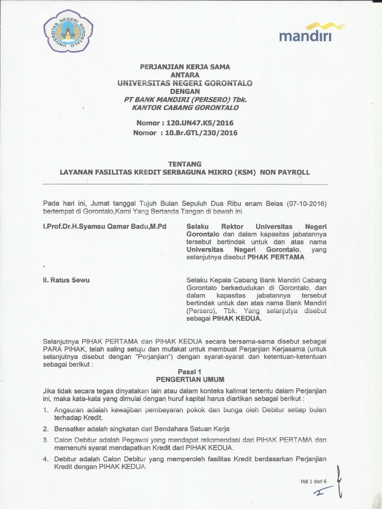 Perjanjian Kerja Sama Ung PT Bank Mandiri | PDF