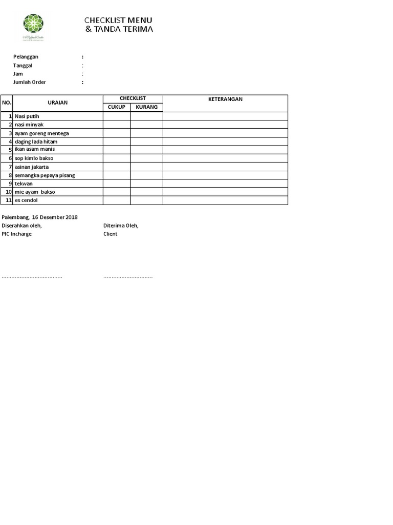 Form Checklist Menu-Tanda Terima | PDF