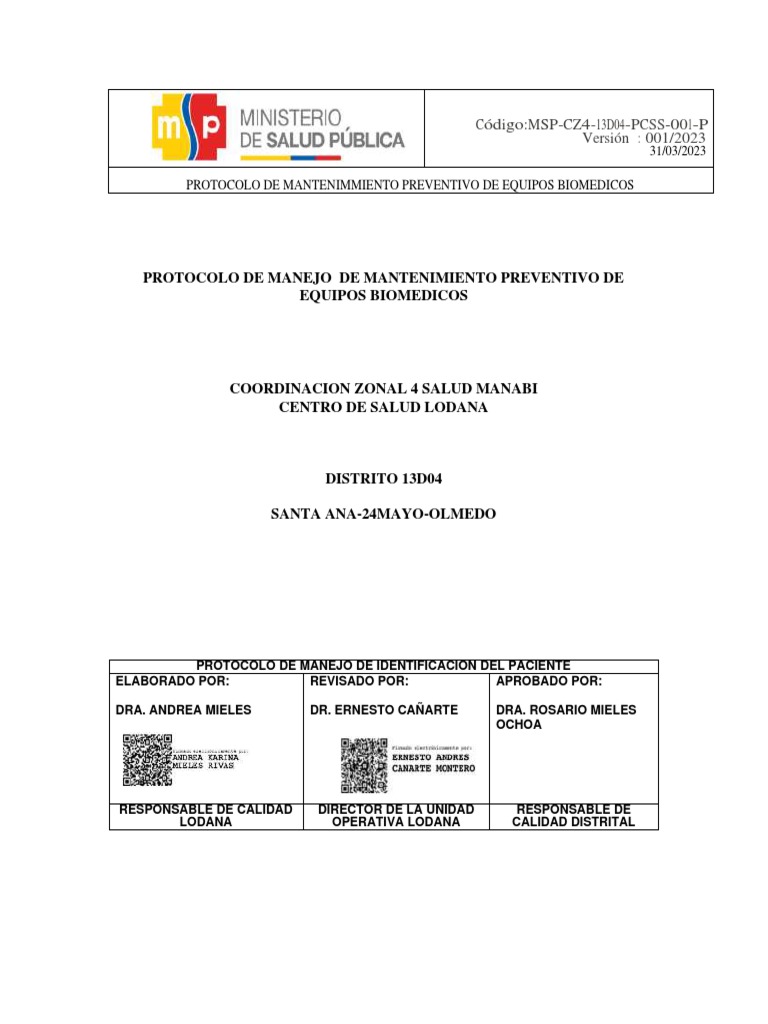 Protocolo de Manejo de Mantenimiento Preventivo de Equipos Biomedicos | PDF | Dispositivo médico ...