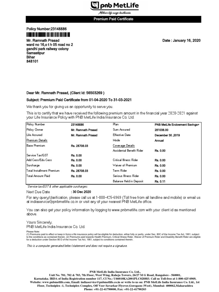 Premium Paid Certificate | PDF | Insurance | Life Insurance