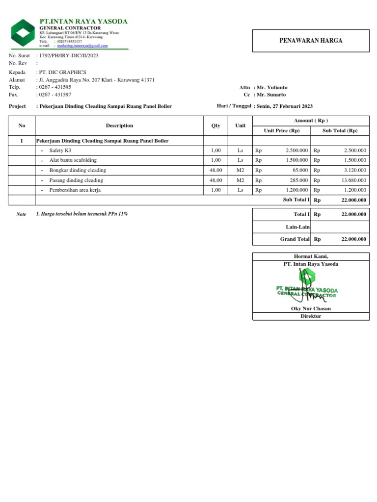 Penawaran Harga: Note 1. Harga Tersebut Belum Termasuk PPN 11% | PDF