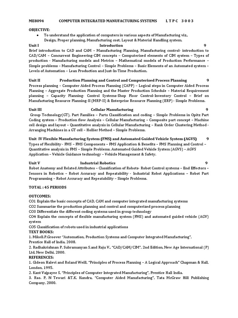 ME8094 CIMs Syllabus | PDF | Automation | System