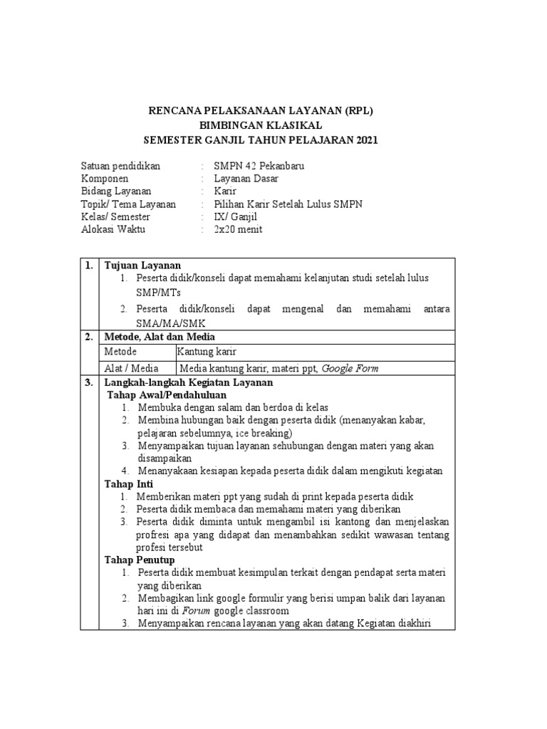 Rencana Pelaksanaan Layanan Karir | PDF