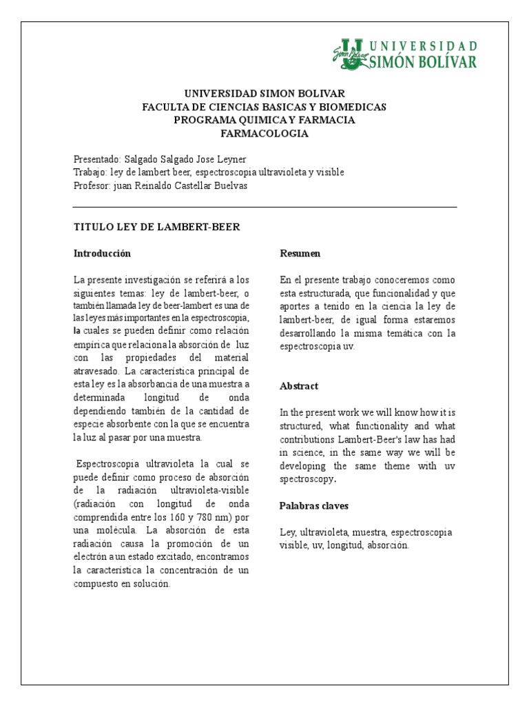 Ley de Lambert | PDF | Espectroscopía ultravioleta-visible | Ultravioleta