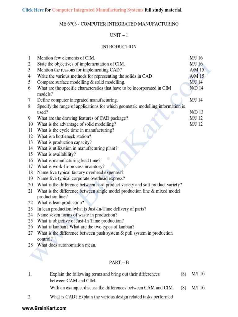086 - ME8094, ME6703 Computer Integrated Manufacturing Systems - Question Bank | PDF | Lean ...