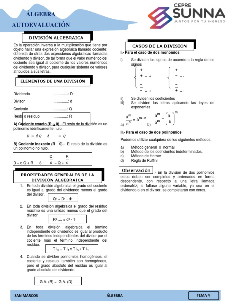 Álgebra Sem 4 | PDF | División (Matemáticas) | Álgebra