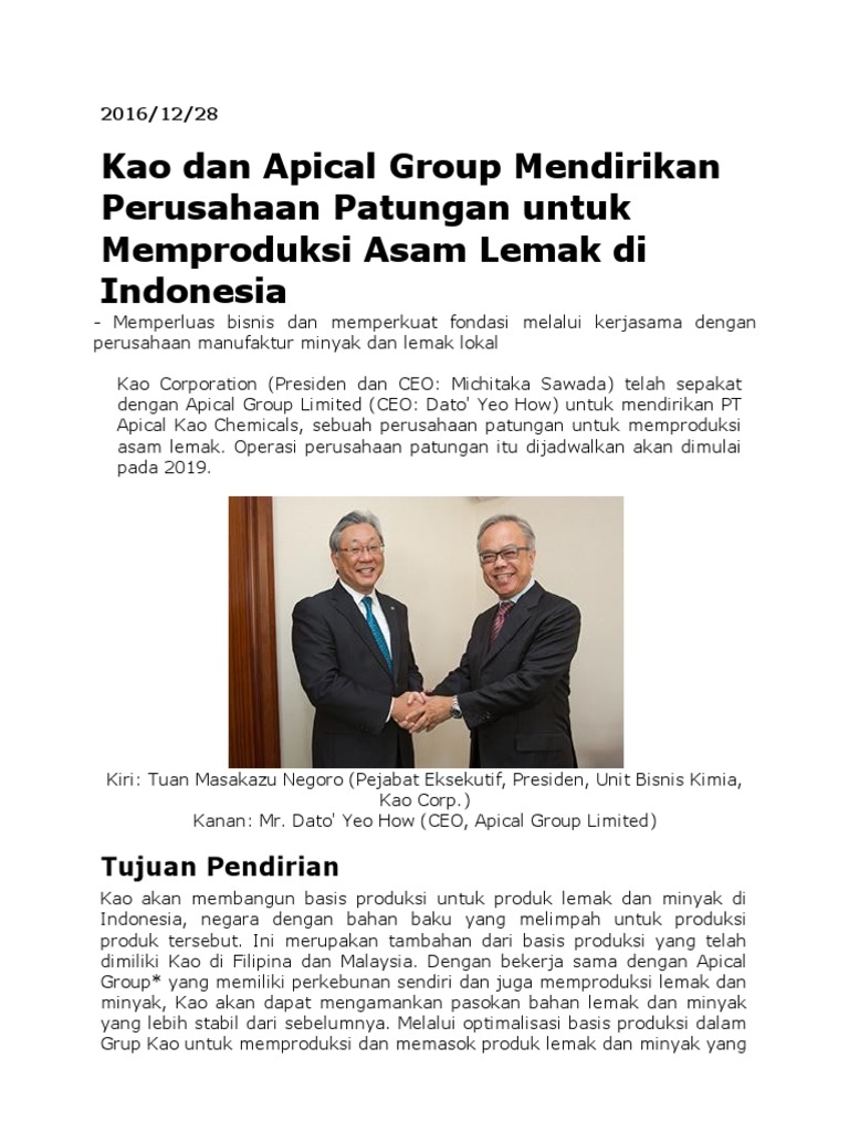 Kao Dan Apical Group Mendirikan Perusahaan Patungan Untuk Memproduksi ...
