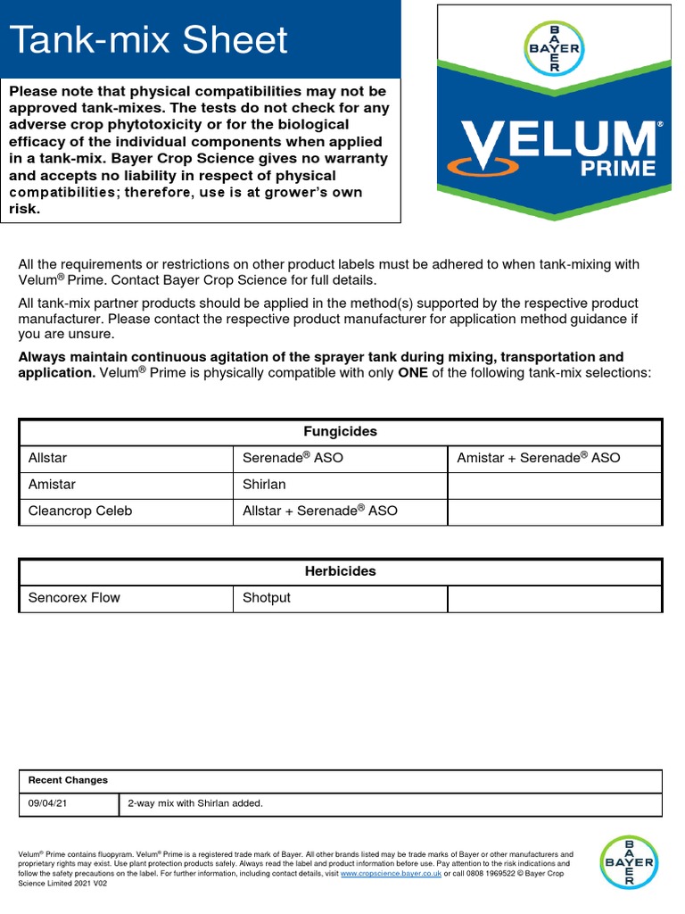 Velum Prime Tank Mix Sheet 2021v2 | PDF