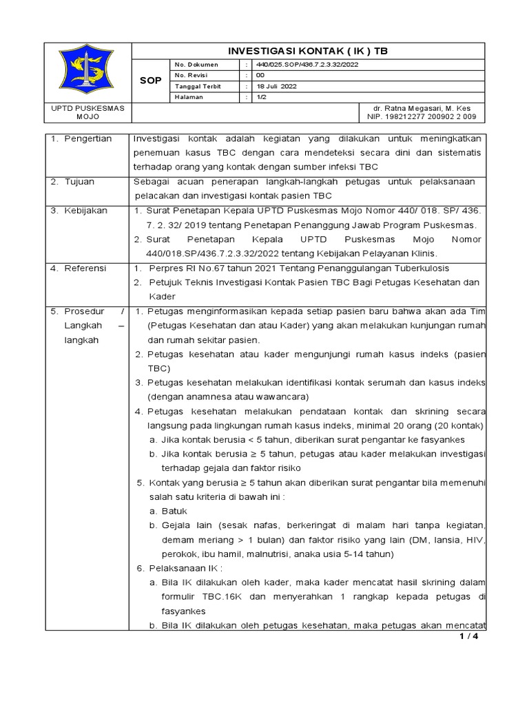Sop Investigasi Kontak (Ik) TB | PDF