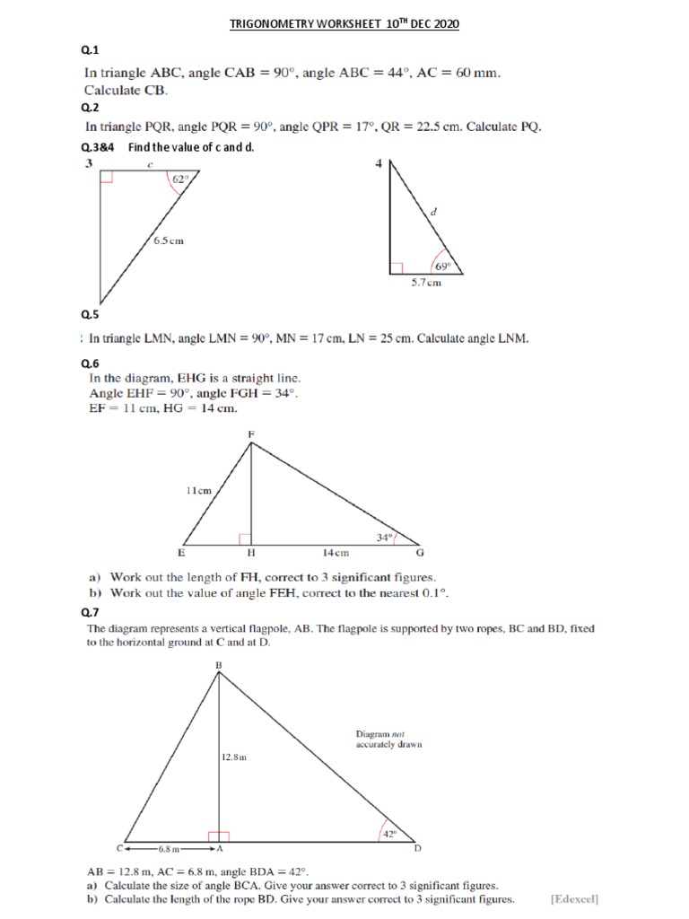Trigonometry Worksheet December 2020 | PDF