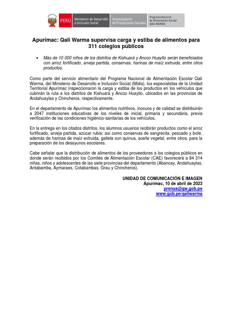NP - Apurímac Qali Warma Supervisa Carga y Estiba de Alimentos para 311 Colegios Públicos-10.4. ...