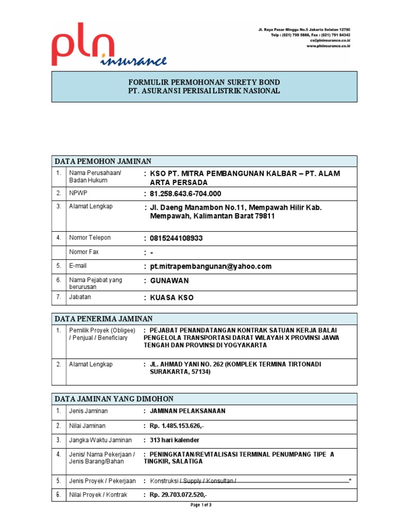 Draft Surat Permohonan Surety Bond - Tingkir | PDF