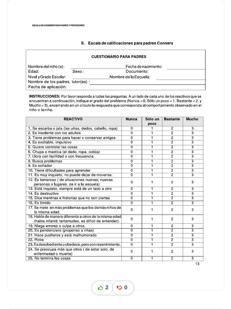 Test de Conners para Niños y Adultos Tdah | PDF
