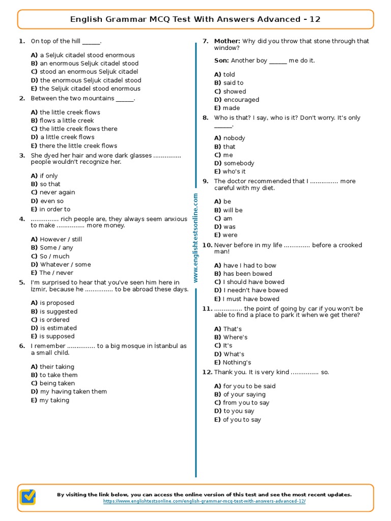 639 - English Grammar MCQ Test With Answers Advanced 12 | PDF