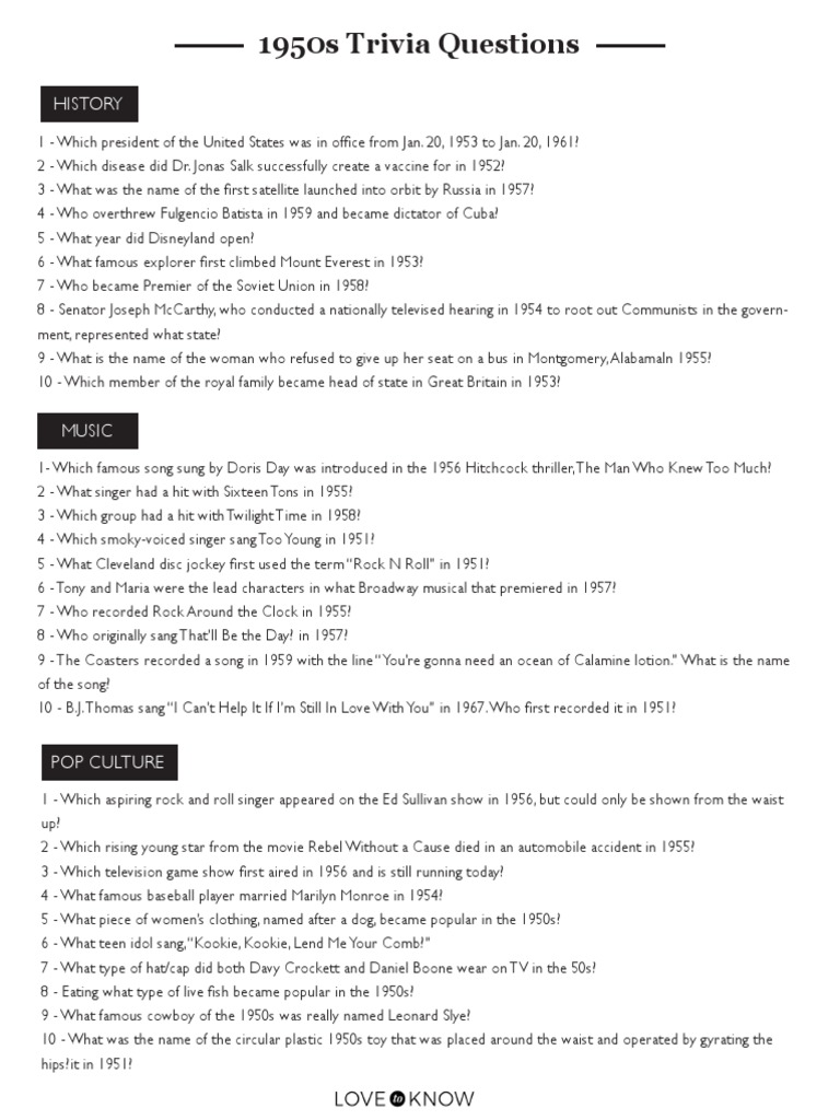 1950s Trivia Questions for Seniors | PDF