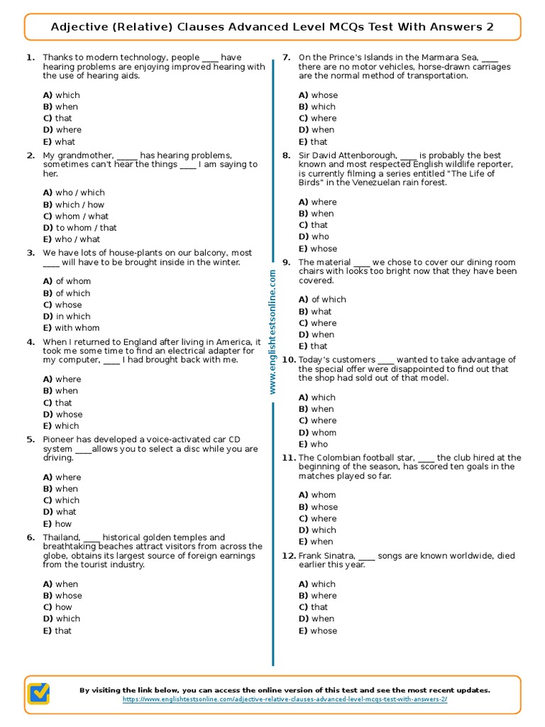 Adjective (Relative) Clauses Advanced Level Mcqs Test With Answers 2 ...