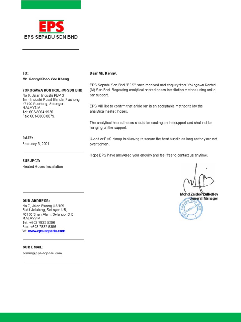 EPS- YKM Heated Hoses Installation Letter | PDF