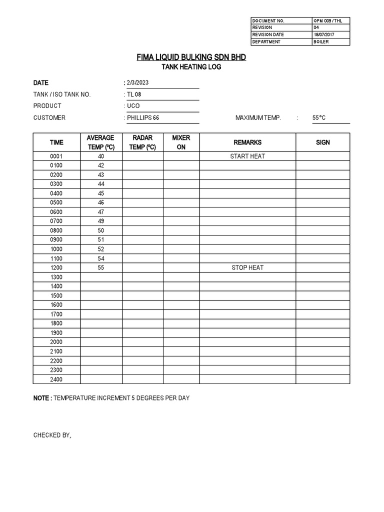 Tank Heating Log Form | PDF | Physical Sciences | Chemical Engineering