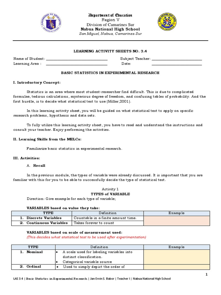 LAS 3.4 Basic Statistics in Experimental Research No Answer Key | PDF | Statistics | Scientific ...