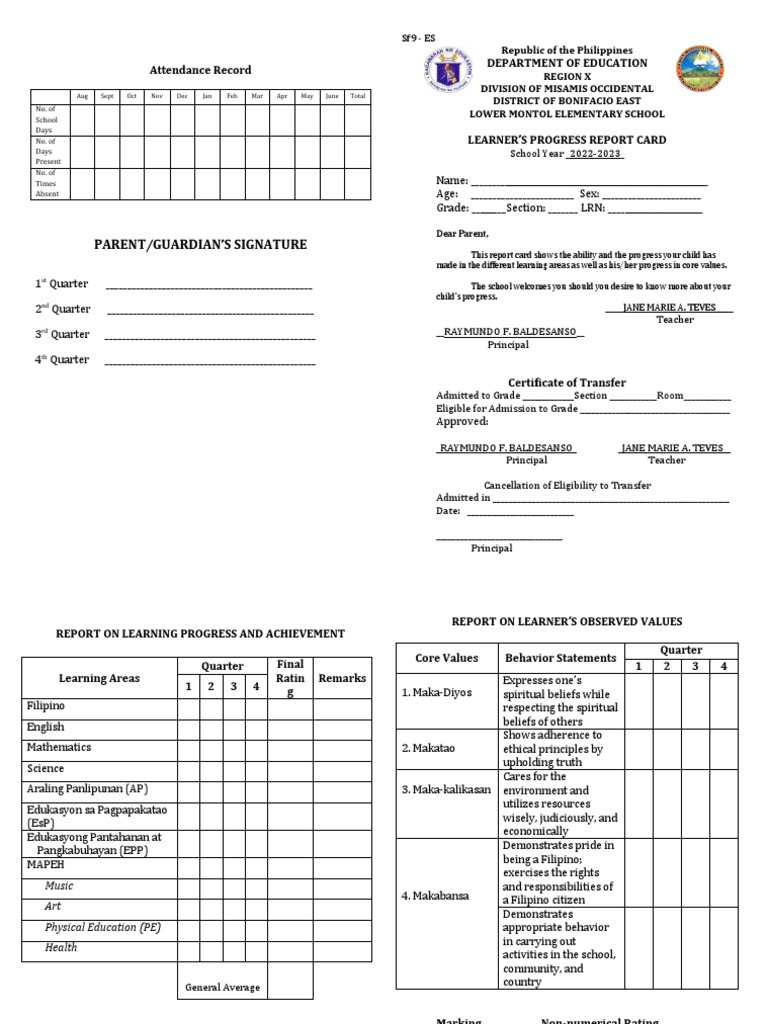 SF 9 - ES ( (Learner's Progress Report Card) | PDF | Cognition SF 9 - ES ( (Learner's Progress Report Card) | PDF | Cognition