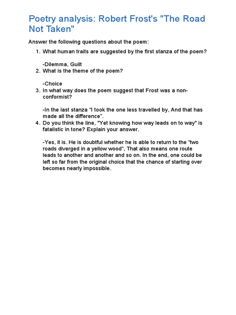 Poetry Analysis: Robert Frost's "The Road Not Taken" | PDF