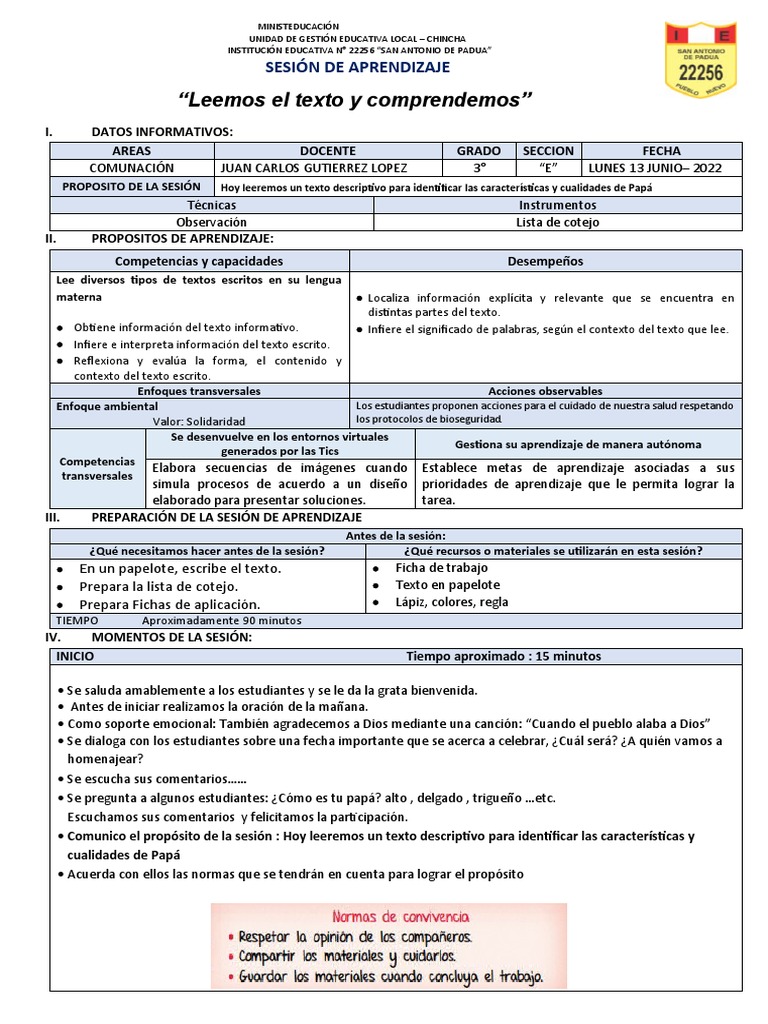 "Leemos El Texto y Comprendemos": Sesión de Aprendizaje | Descargar gratis PDF | Aprendizaje ...