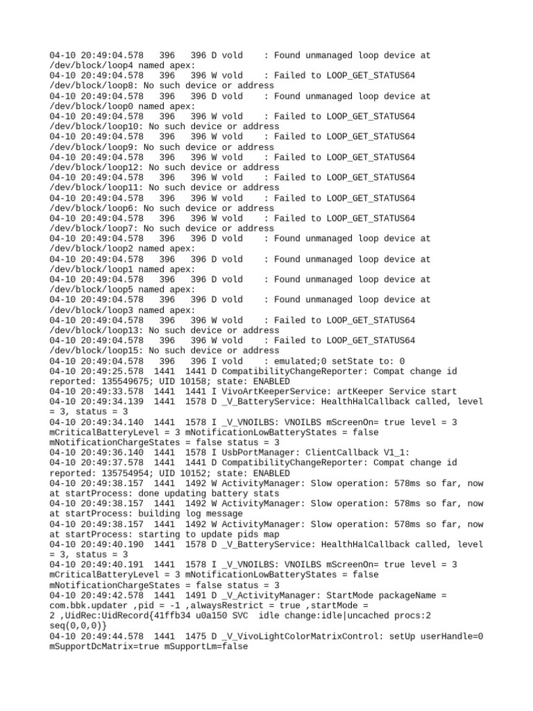 Analysis of Log File Containing Debug Messages Related to Loop Devices, Battery Status, Camera ...