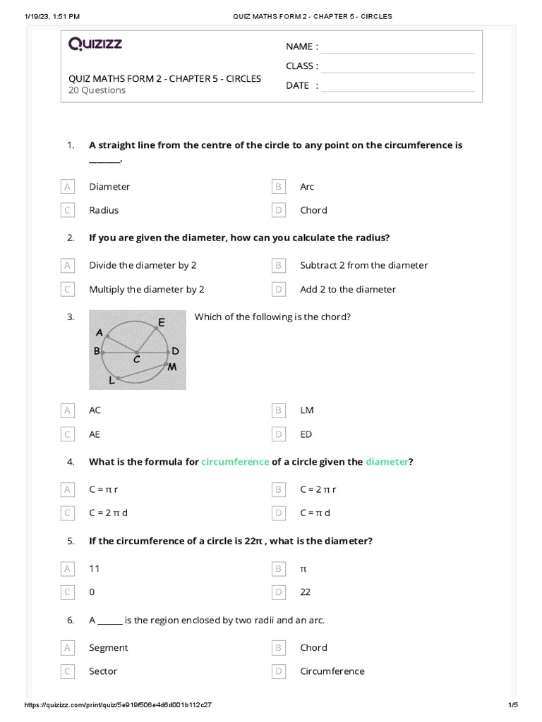 Quiz Maths Form 2 - Chapter 5 - Circles | Download Free PDF | Circle | Area