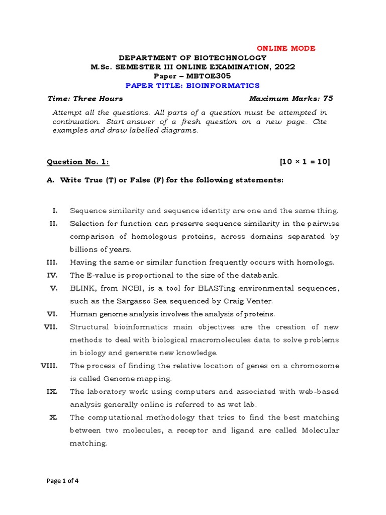 Q Paper MBT-OE305 BIOINFORMATICS | PDF | Bioinformatics | Sequence ... Q Paper MBT-OE305 BIOINFORMATICS | PDF | Bioinformatics | Sequence ...