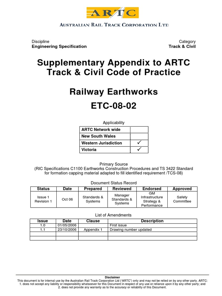 Supplementary Appendix To ARTC Track & Civil Code of Practice Railway ...
