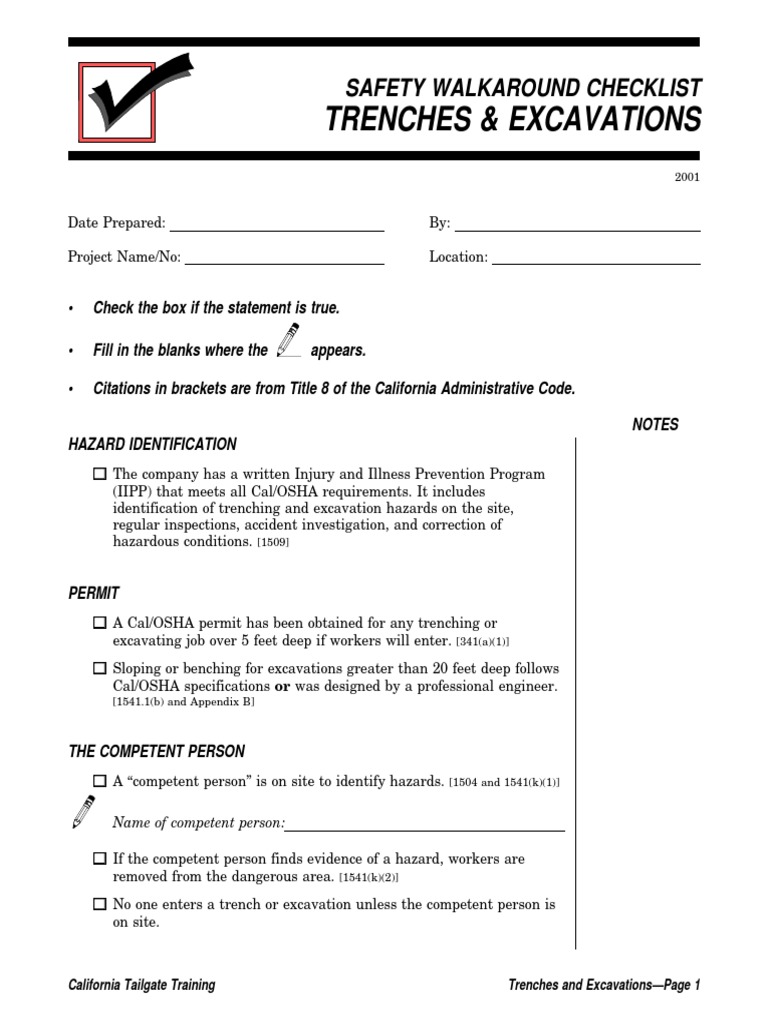 Safety Checklist Trenches and Excavations | PDF | Trench | Personal ...