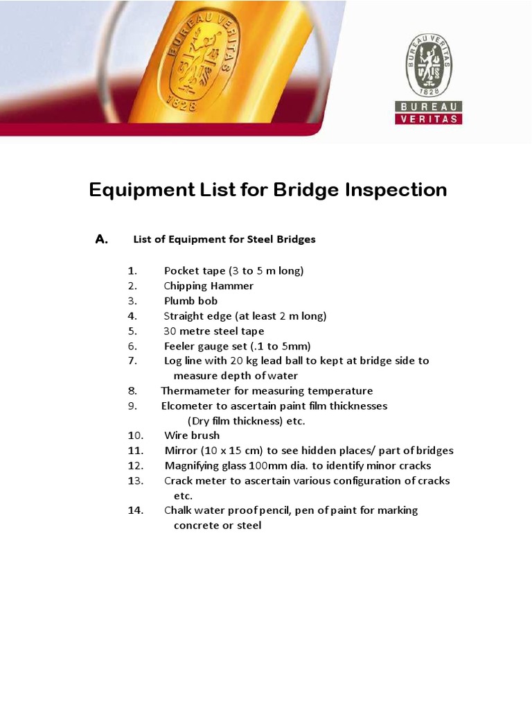 Bridge Inspection Equipment List | PDF | Concrete | Physical Sciences