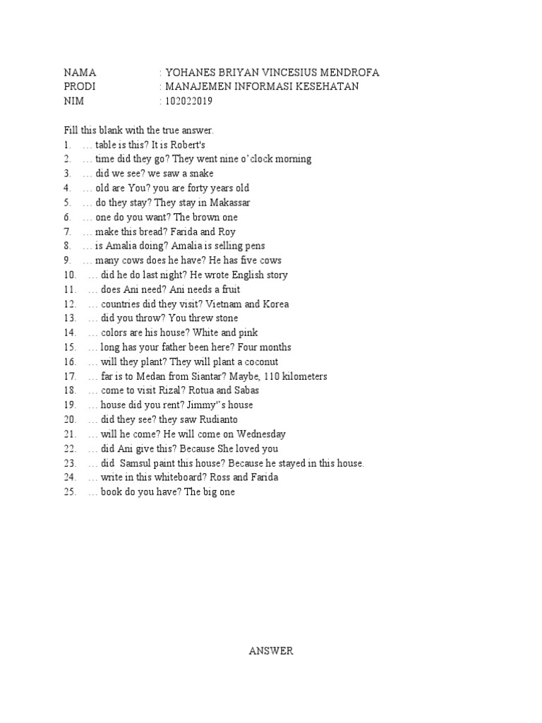 English Question Fill-in Answers | PDF | Travel