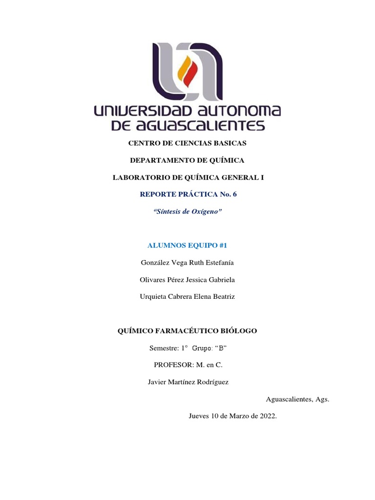 Qg1-Qfb1-Equipo #1-Pract#6-Oxigeno | PDF | Oxígeno | Agua