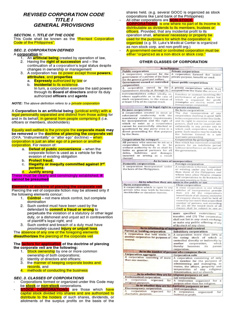 Revised Corporation Code Reviewer | PDF | Stocks | Corporations