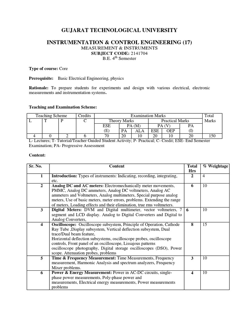 Gujarat Technological University Instrumentation & Control Engineering | PDF | Electrical ...