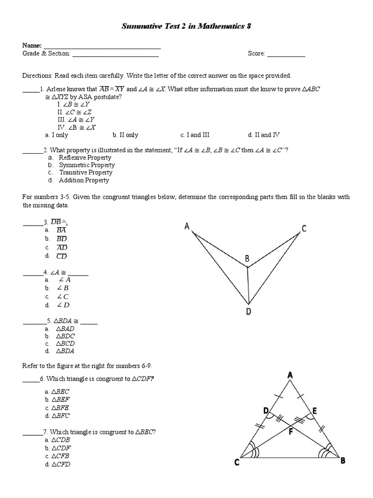 Summative Test in Math 8 For Modules 3 and 4 | PDF | Mathematics | Geometry