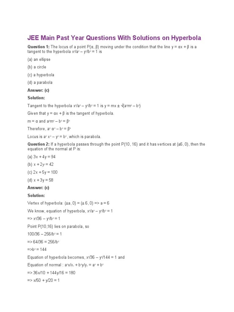 JEE Main Past Year Questions With Solutions On Hyperbola | PDF | Ellipse | Euclidean Plane Geometry