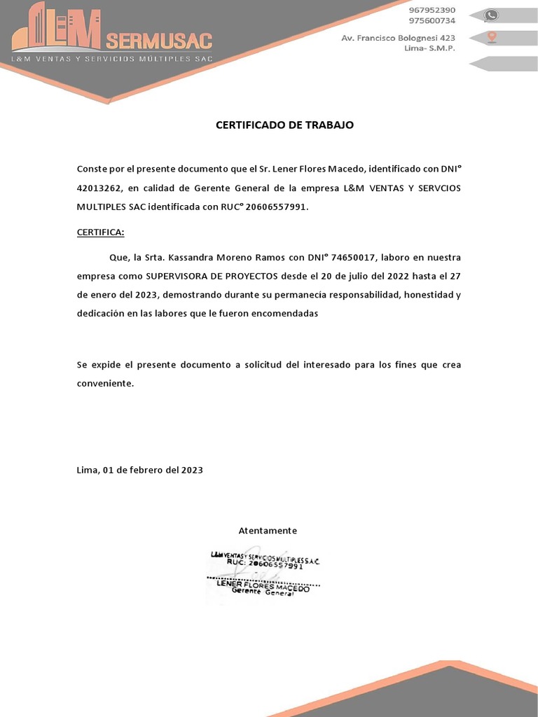 Certificado de Trabajo Kassandra Moreno | PDF | Negocios