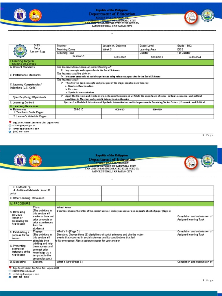 Shs Daily Lesson in DISS JMG W5 | PDF | Concept | Learning