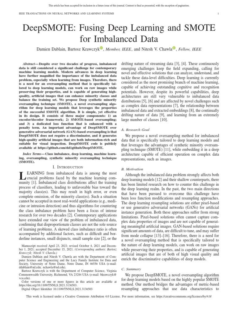 DeepSMOTE Fusing Deep Learning and SMOTE For Imbalanced Data | PDF | Deep Learning ...