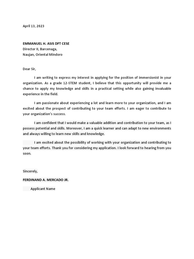 Application Letter-Ferdinand Mercado JR | PDF