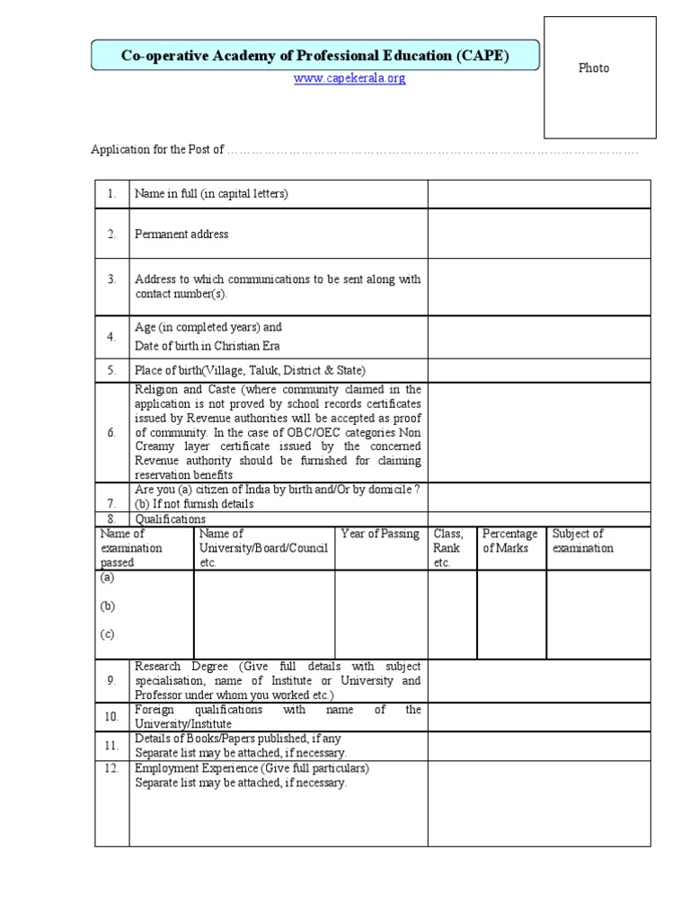 CAPE Job Application Form Details | PDF