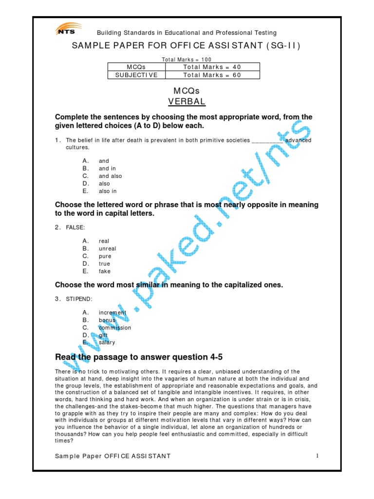 Sample Paper For Office Assistant (Sg-Ii) : Mcqs Total Marks 40 ...