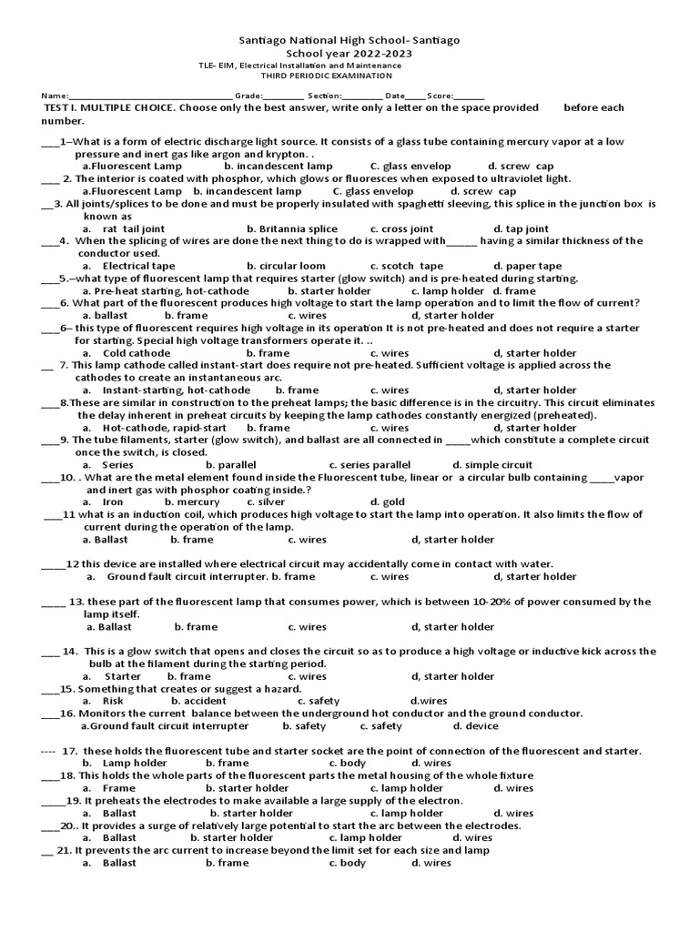 Third Periodic Exam Eim.2023 | Download Free PDF | Incandescent Light Bulb | Fluorescent Lamp